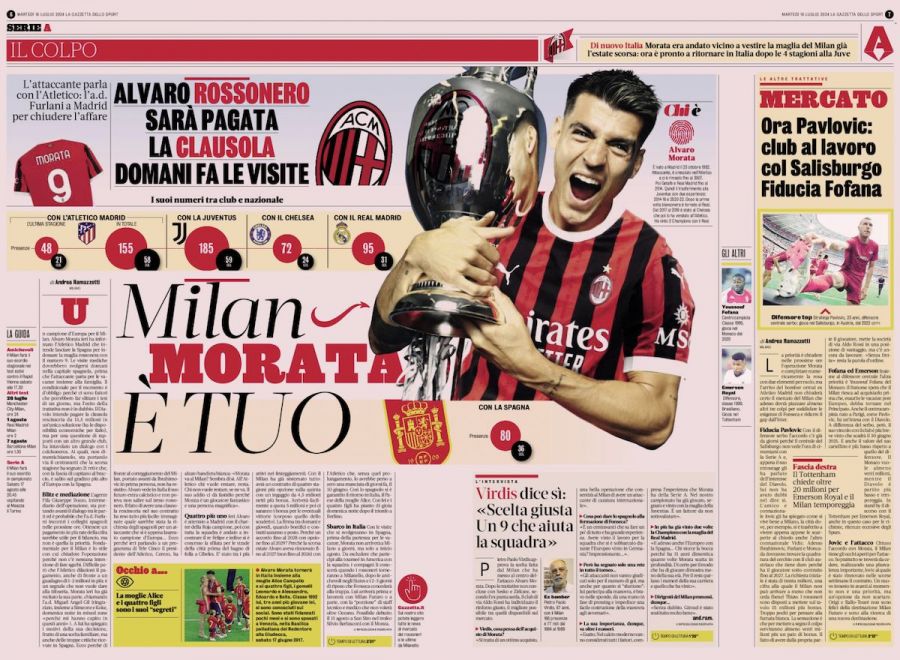 GdS: 'Full speed ahead' - Milan's plan after completion of Morata deal