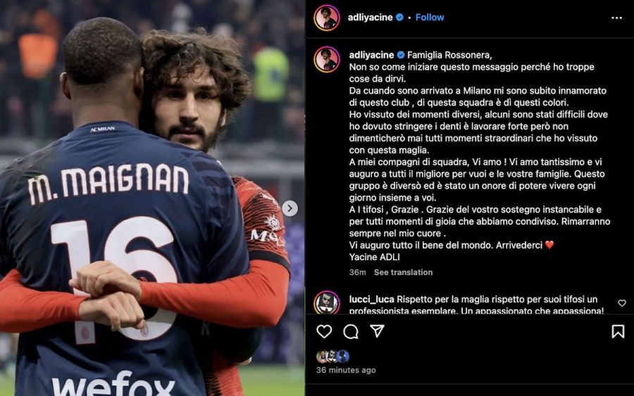 Adli bids emotional farewell to Milan: "I wish you all the best in the ...