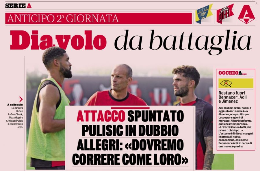 GdS: Allegri adds muscle to midfield as Milan have clear plan against Lecce
